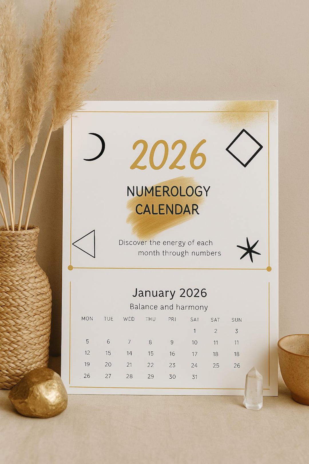 2026 Numerology Calendar | Gold Theme | Monthly Planner + Moon Phases ...