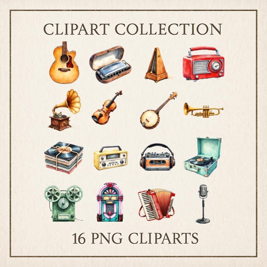 Vintage Music Clipart Bundle. 16 PNG Retro Musical Instruments & Audio ...