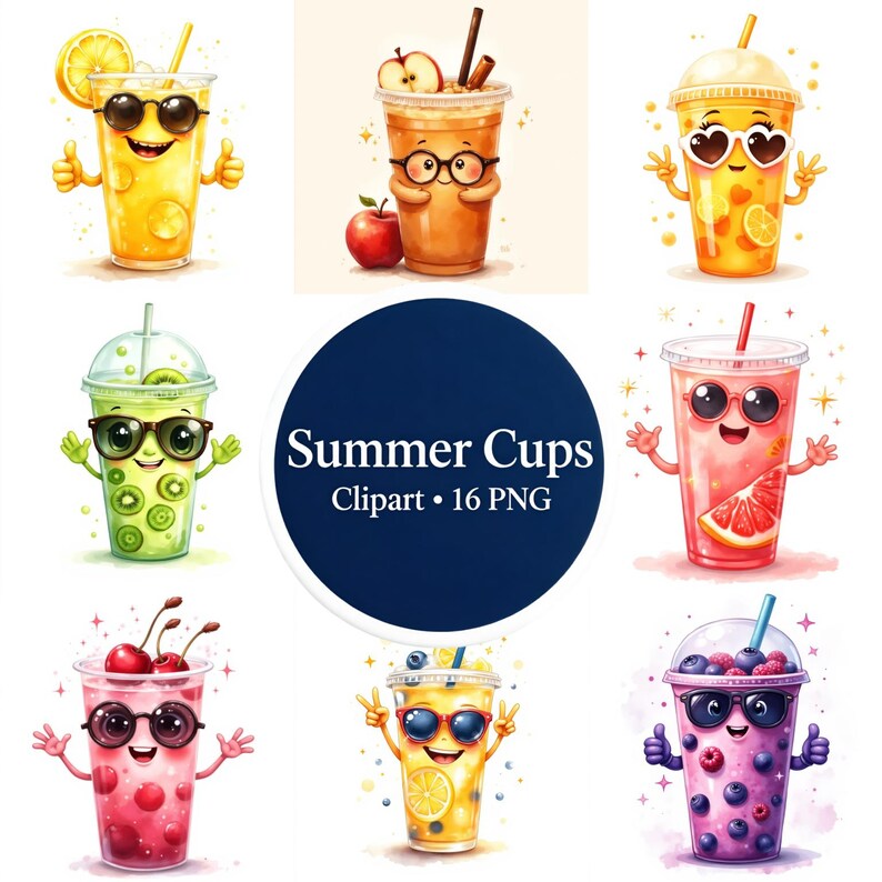 Summer Cups Clipart, Tropical Drinks, Fun Characters (16 PNG Files) - Etsy