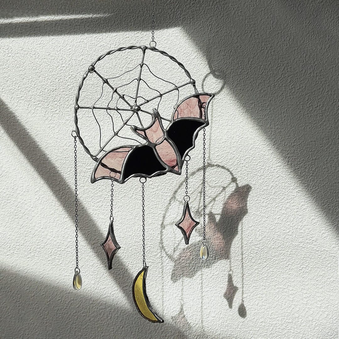 Bat Stained Glass Suncatcher: Witchy Gift Dreamcatcher Window Hanging ...