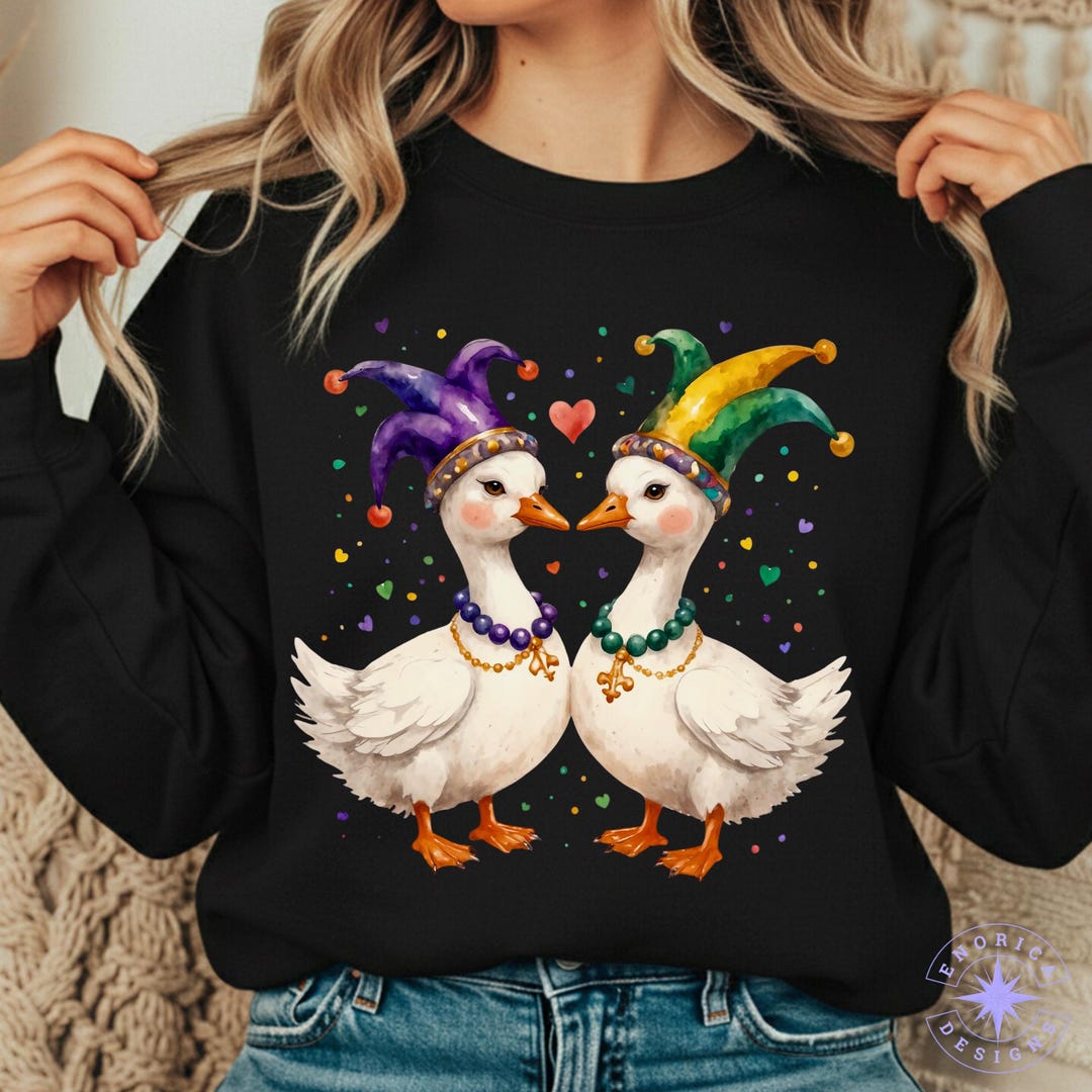 Silly Goose PNG, Mardi Gras Jester Geese With Mardi Beads & Fleur-de ...