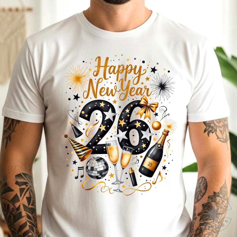 Feliz Año Nuevo 26 PNG, Diseño de camiseta con purpurina negra y dorada ...