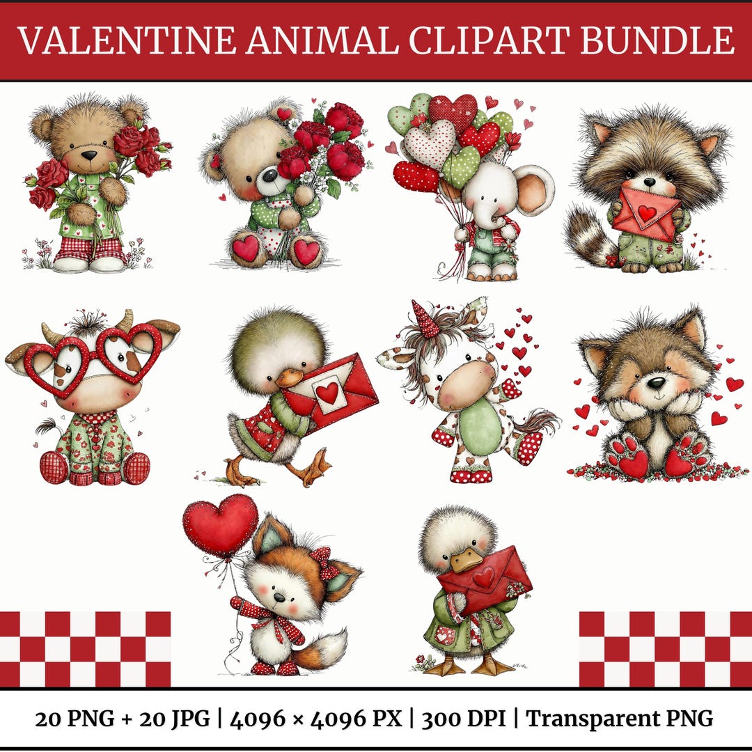Cute Valentine Clipart Bundle, Watercolor Teddy Bear Animals, Hand ...