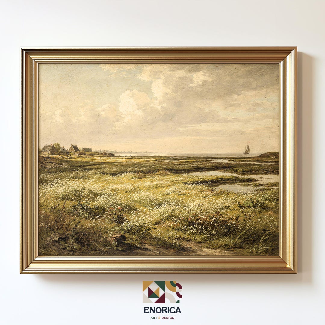 Antique Style Seaside Marsh Painting Print, Dutch Countryside Village ...