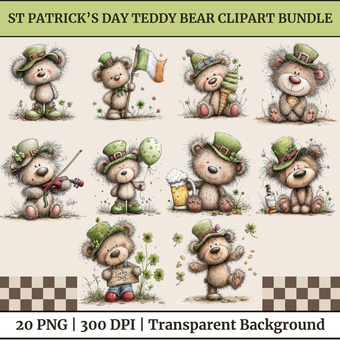 St Patrick’s Day Teddy Bear Clipart Bundle, Lucky Irish Bear ...