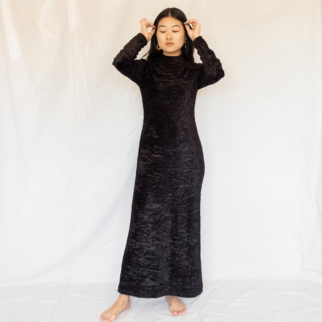 Vintage Fuzzy Black Mock Neck Long Sleeve Dress / Furry Sweater Dress ...