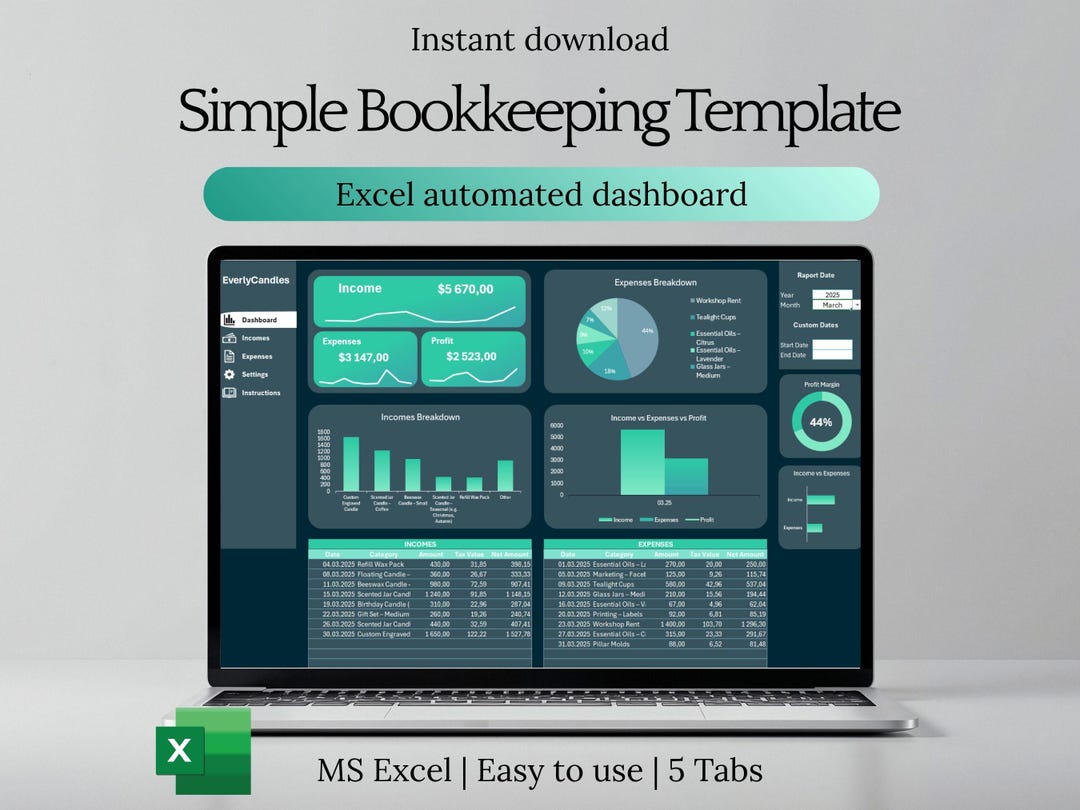 Easy Bookkeeping Excel Template, Income and Expense Tracker for Small ...