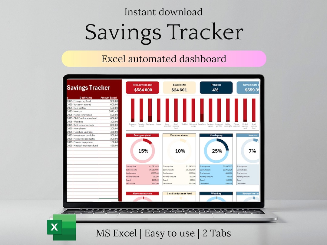 Savings Tracker Spreadsheet Excel, Budget & Finance Planner, 16 Goals ...