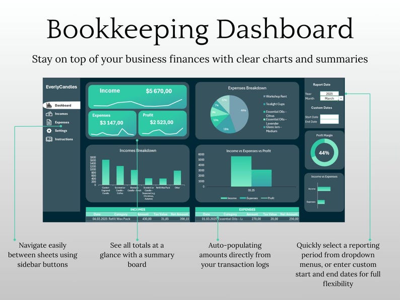 Easy Bookkeeping Excel Template, Income and Expense Tracker for Small Business, Accounting ...
