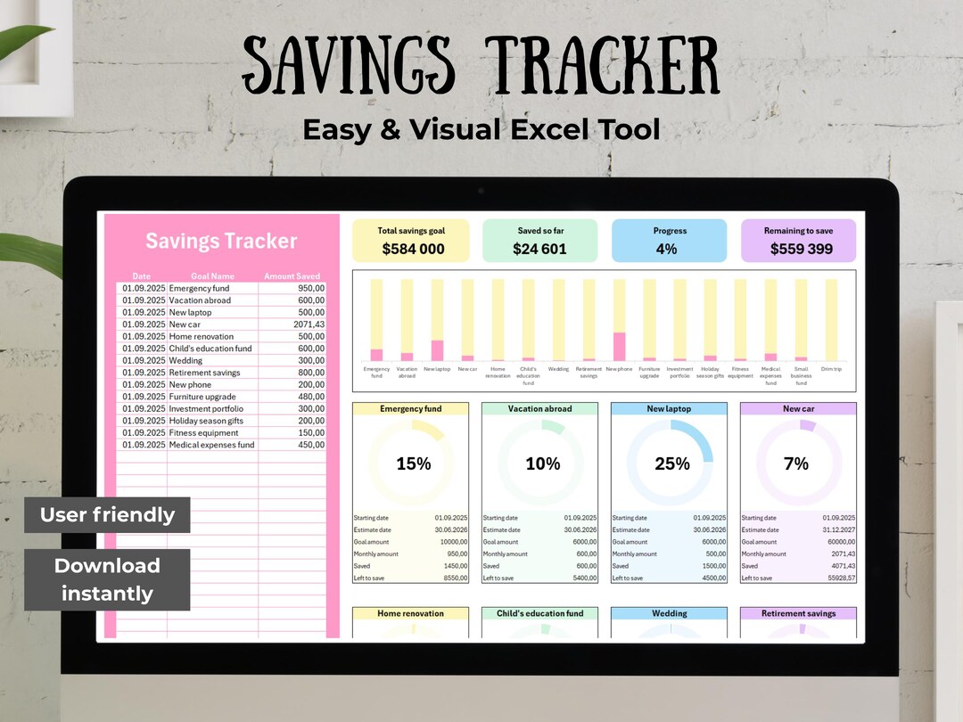Savings Tracker Spreadsheet Excel | Budget & Finance Planner | 16 Goals ...