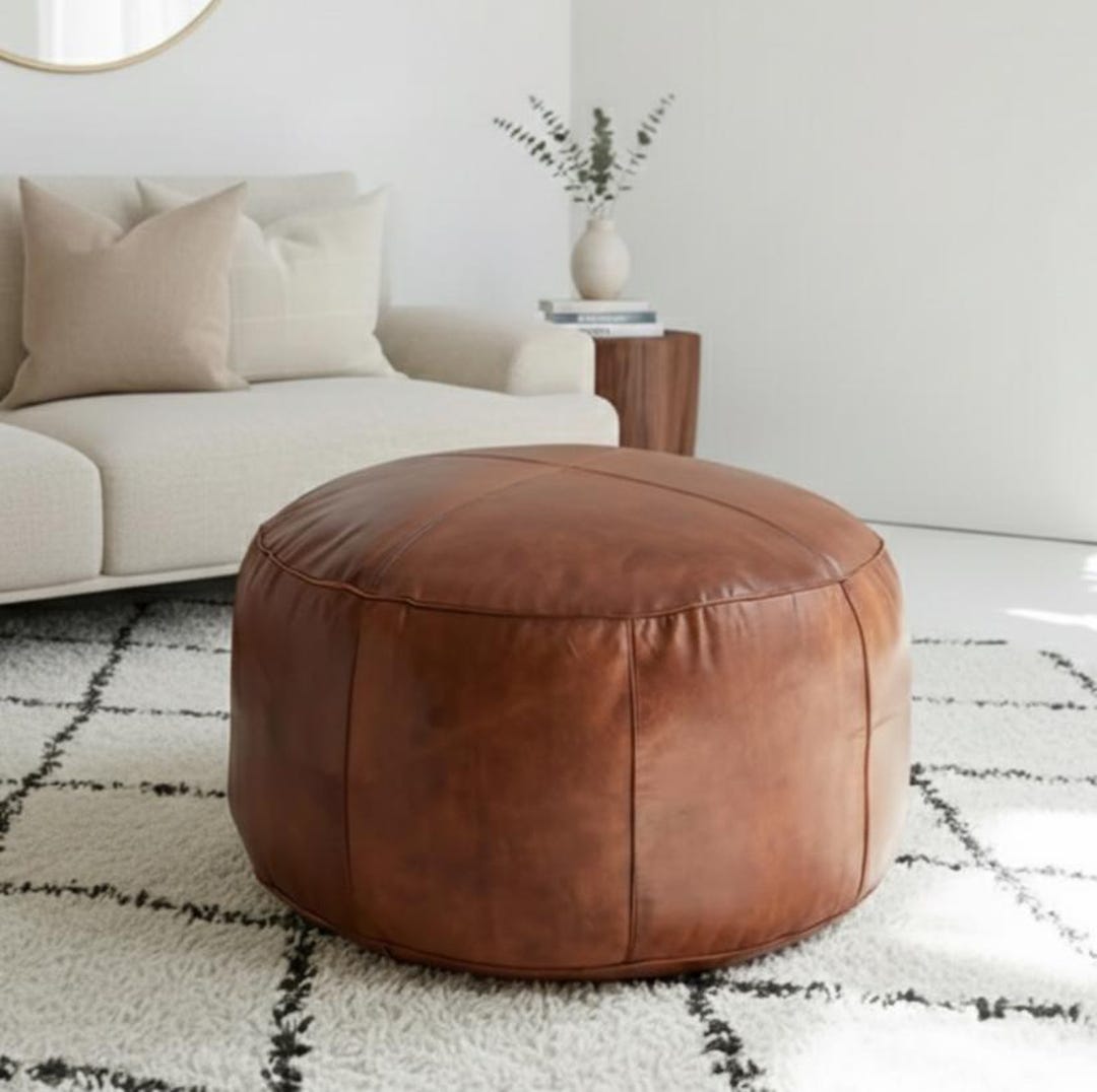 Handmade Moroccan Leather Pouf Ottoman – Round Tan Pouffe, Boho Living ...