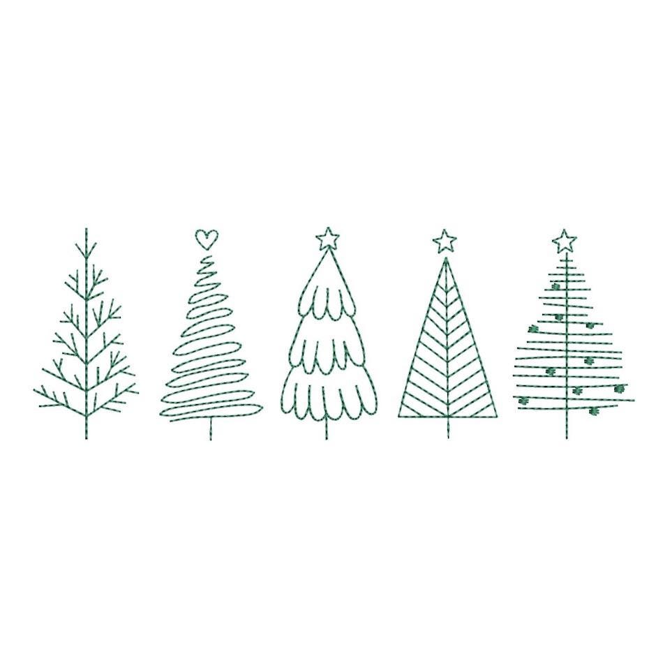 Five Christmas Trees Line Art Outline Holiday Machine Embroidery Design ...
