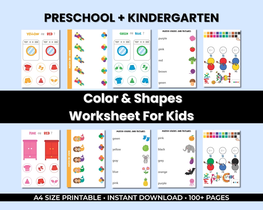 Colors and Shapes Worksheets Printable 100 Page Kids Workbook Preschool ...