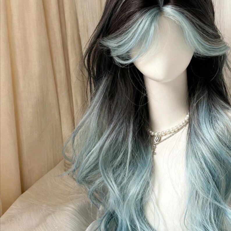 Natural Wavy Ombre Cos Wig With Mint Green Balayage Highlights, Perfect ...