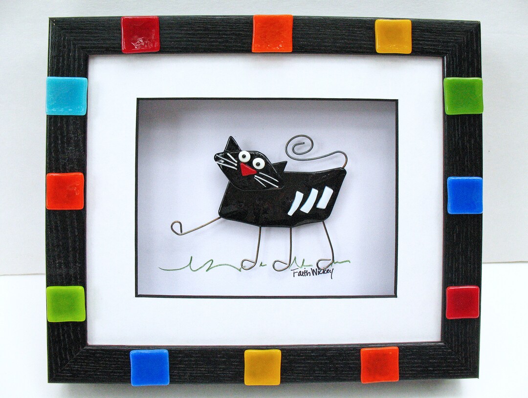 Whimsical Black Fused Glass Cat in Shadowbox Frame Sassy Kitten Kitty ...