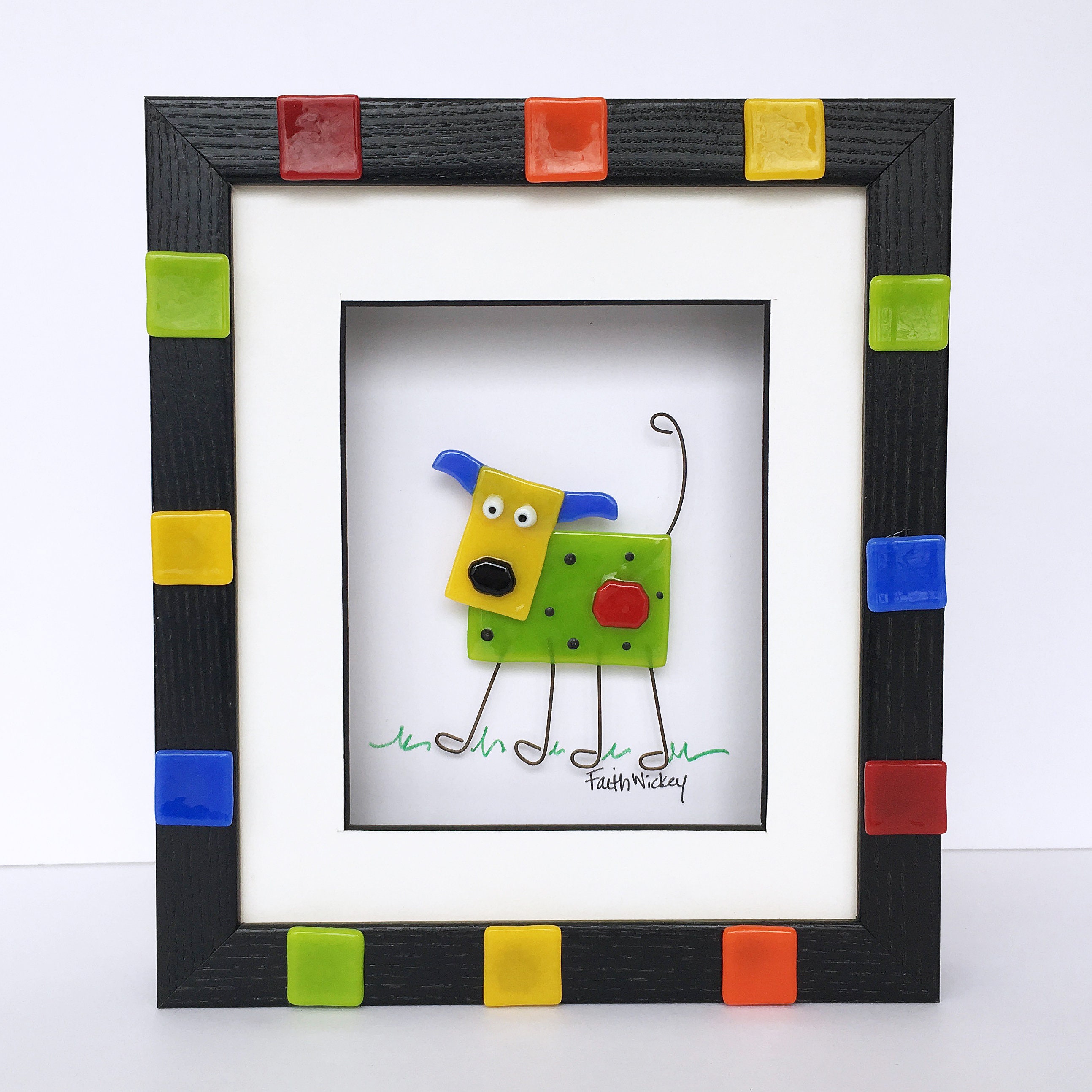 Whimsical Bright Fused Glass Dog Picture in Shadowbox Frame With ...