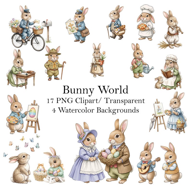 Watercolor Bunny Clipart Bundle – Easter Rabbits, Countryside Scenes ...