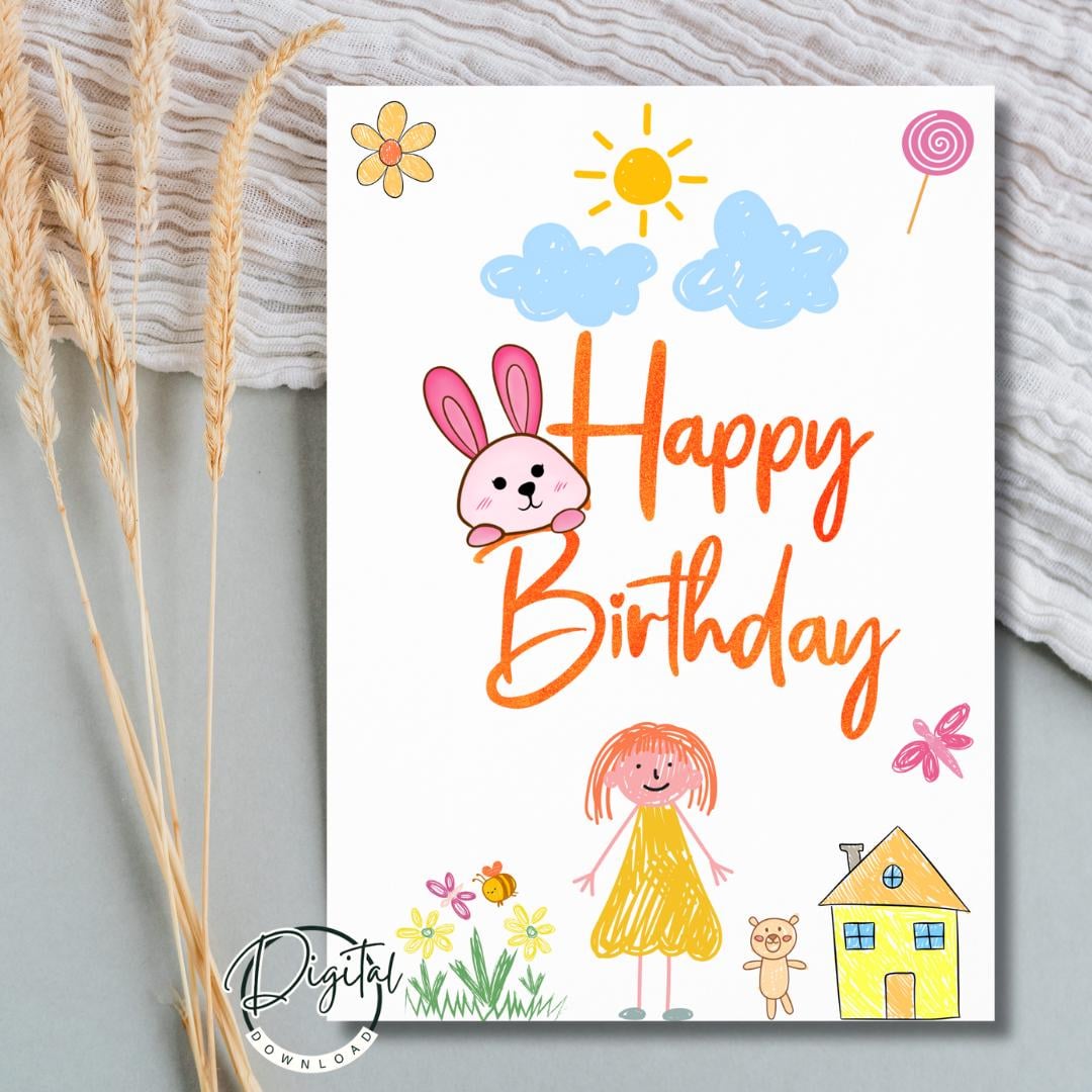 Cute Girl Birthday Card, Happy Birthday Kids Drawing, Printable 7x5 ...