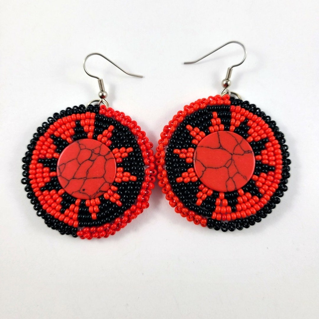 Beadwork Round Star Burst With Black and Red Turquoise Slab - Etsy