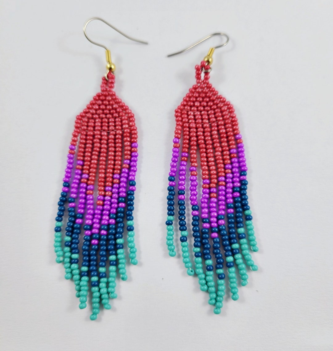 Cree Native Beaded Earrings Dangle Fringe Authentic Genuine Colorful - Etsy