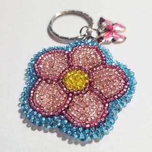 Beaded Key Chain Pink and Blue Flower With Butterfly Charm Native ...
