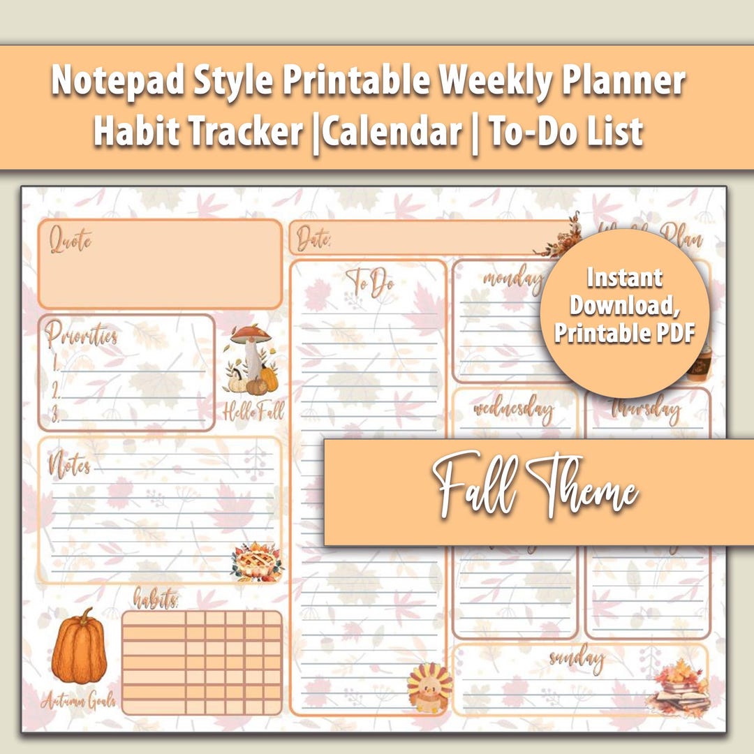 Fall Weekly Planner | Printable To-do List, Habit Tracker & Calendar ...