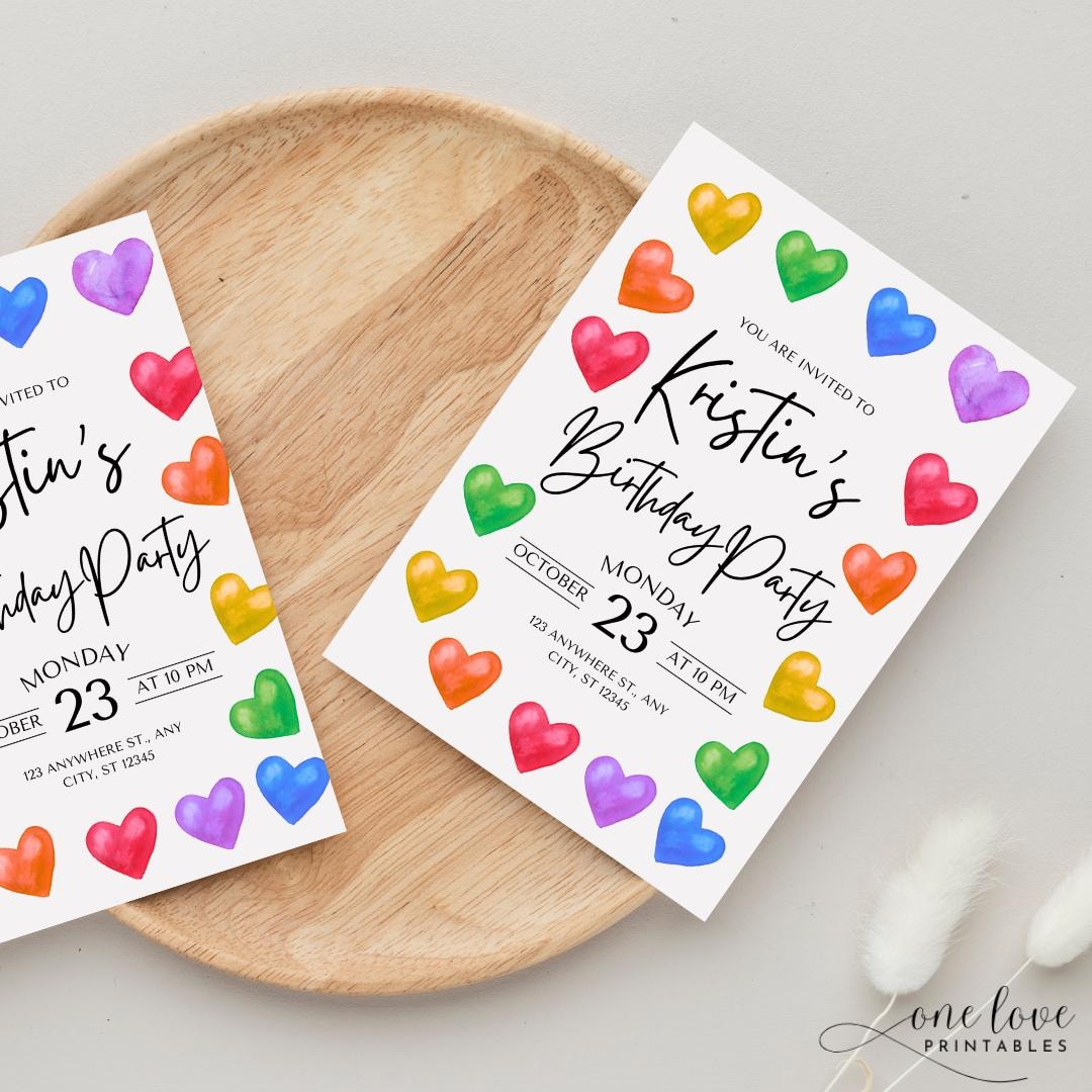 Rainbow Hearts Birthday Invitation | Colorful Heart Birthday Party ...
