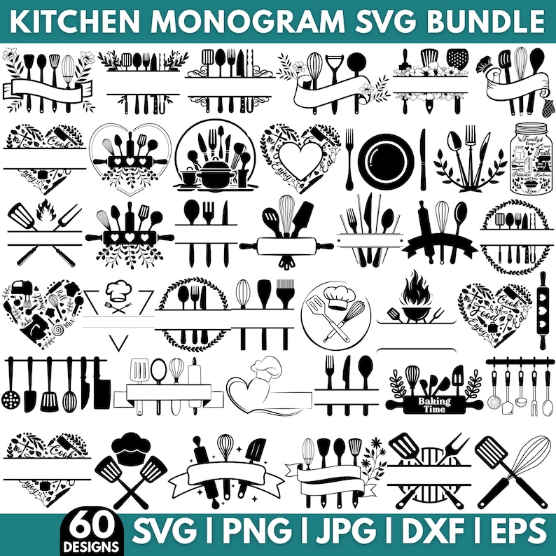 Kitchen Monogram Svg Bundle, Monogram Svg, Split Monogram Svg, Baking ...