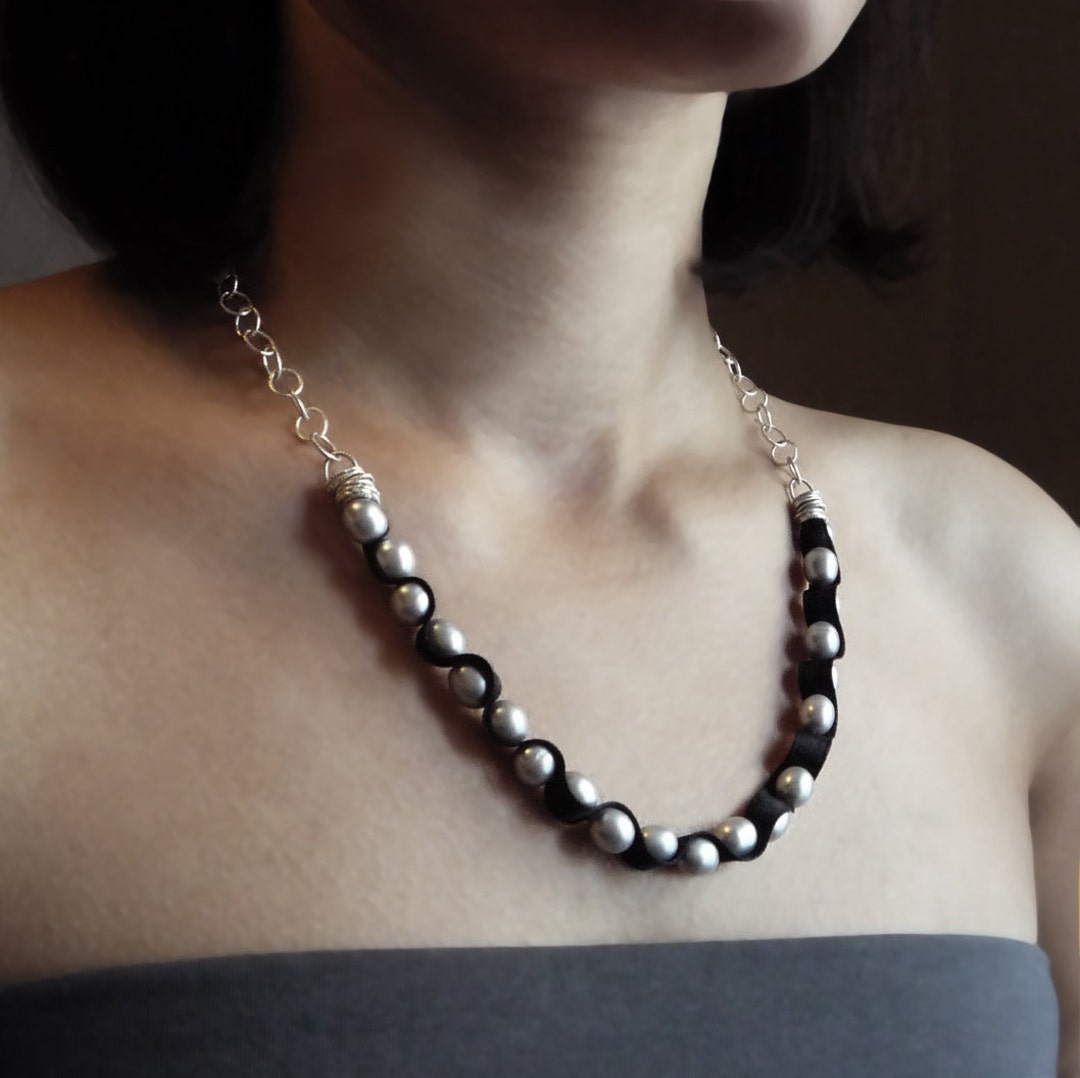 Pearl Silver and Satin Necklace - Etsy