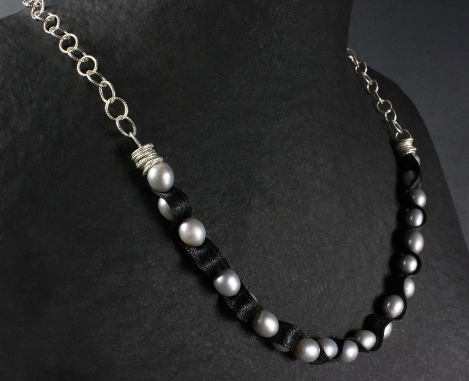 Pearl Silver and Satin Necklace - Etsy
