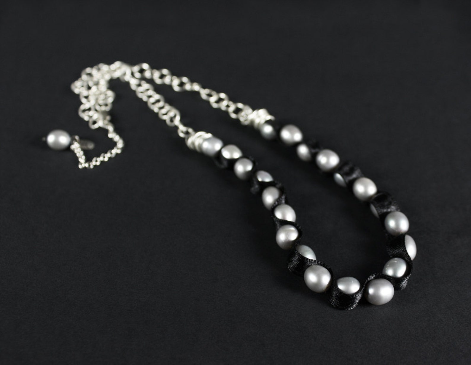 Pearl Silver and Satin Necklace - Etsy