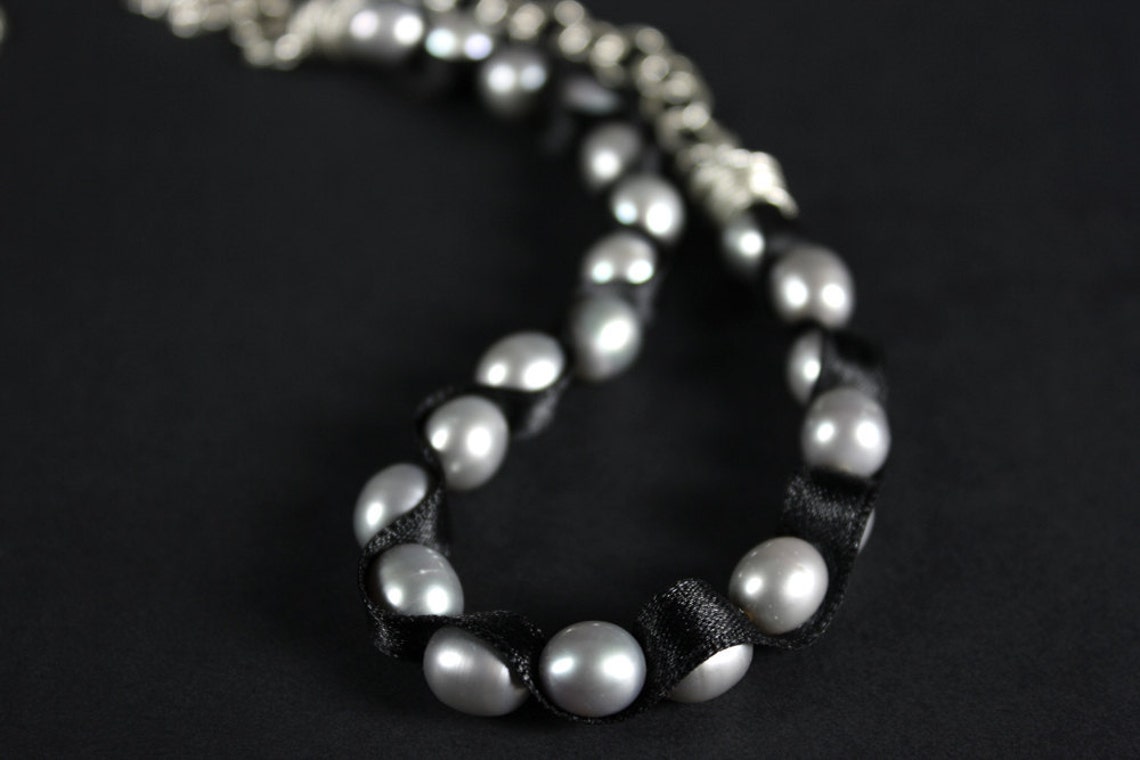 Pearl Silver and Satin Necklace - Etsy