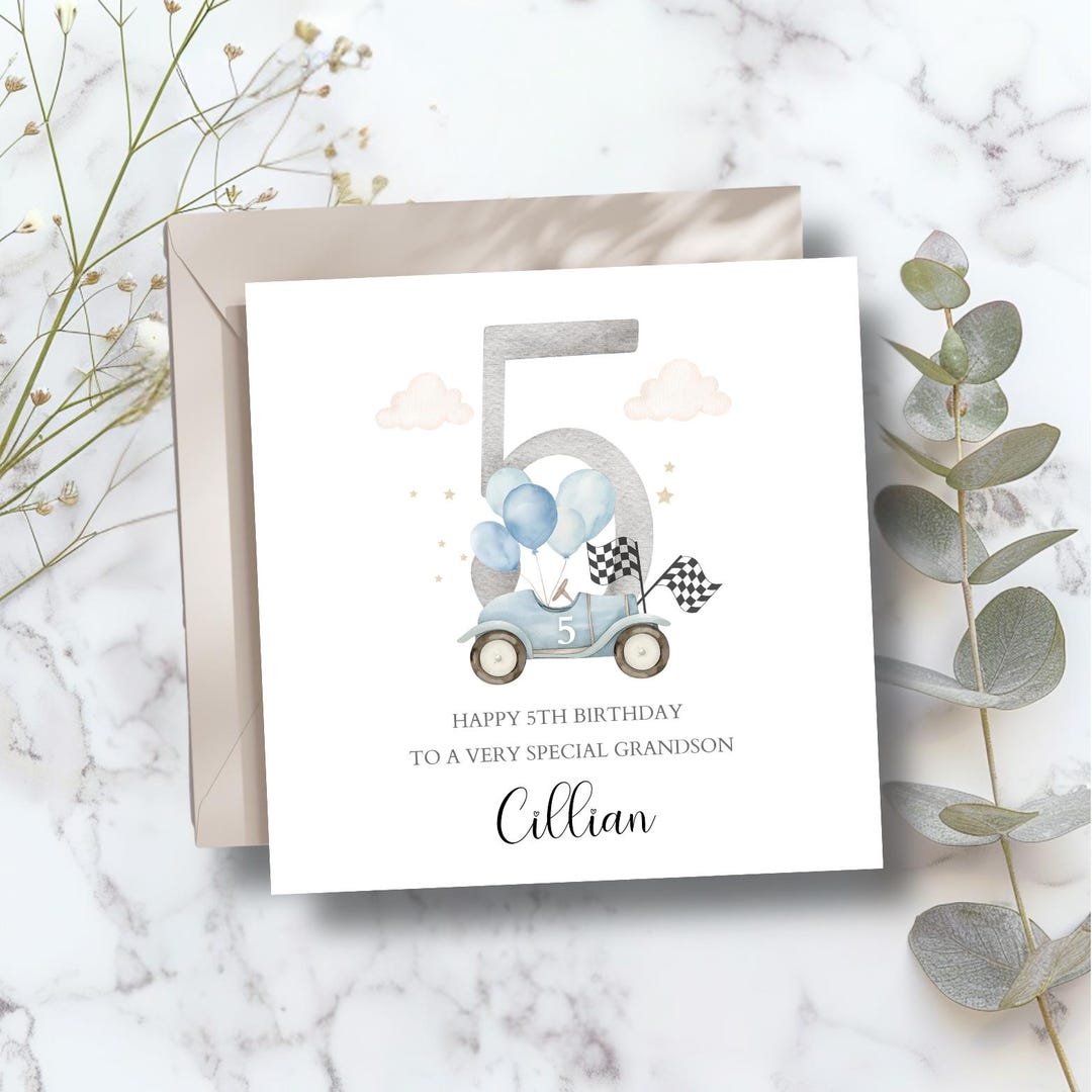 Personalised Fifth Birthday Race Car Card | Boy Blue 5th Birthday Car ...