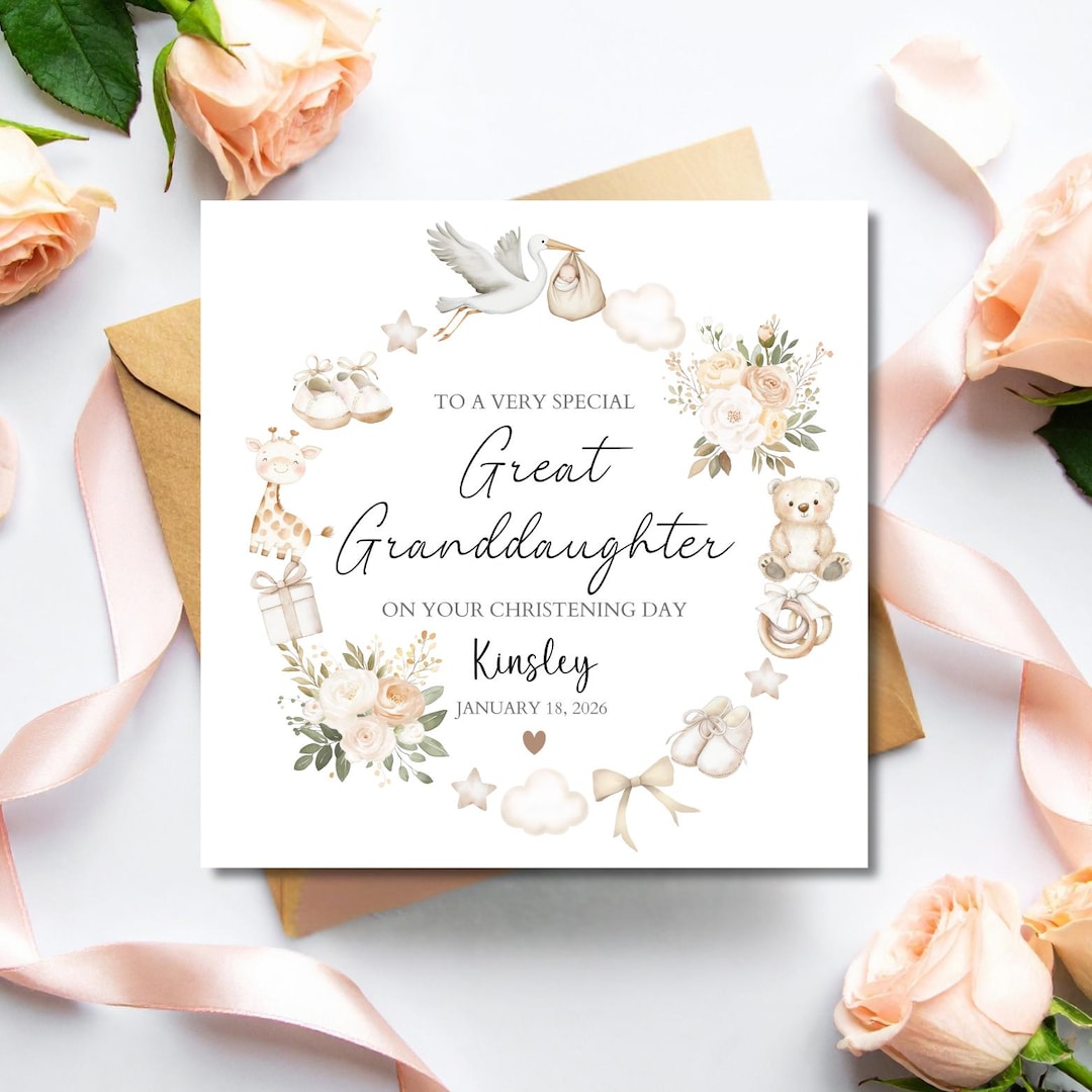 Personalised Great Granddaughter Christening Card, Baptism Neutral Card ...