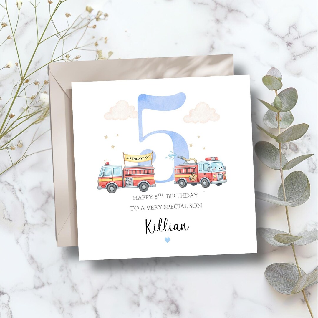 Personalised Fifth Birthday Fire Engine Card | Boy Blue Red 5th ...