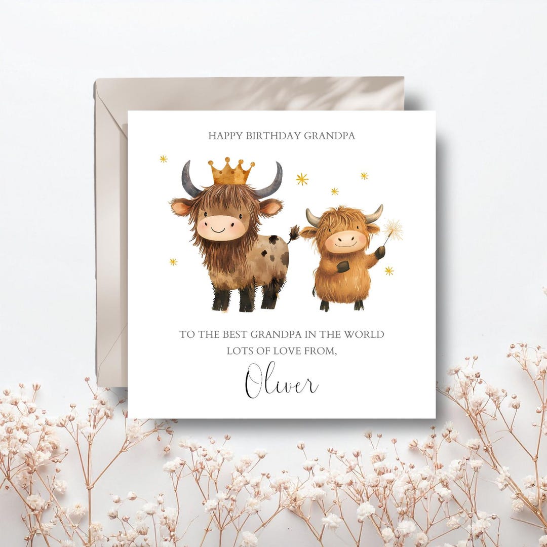 Personalised Highland Cow Grandpa Birthday Card - Dad Children Birthday ...