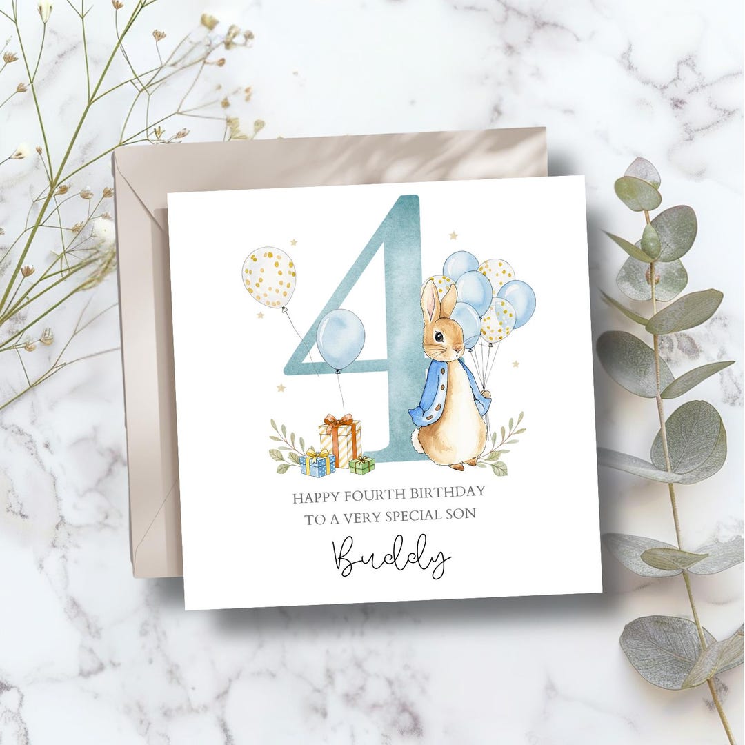 Personalised Peter Rabbit 4th Birthday Card, Flopsy Bunny Fourth ...