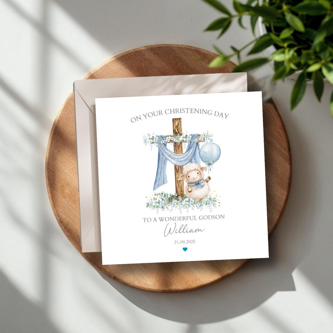 Personalised Grandson Christening Card, Godson Baptism Sheep Card ...
