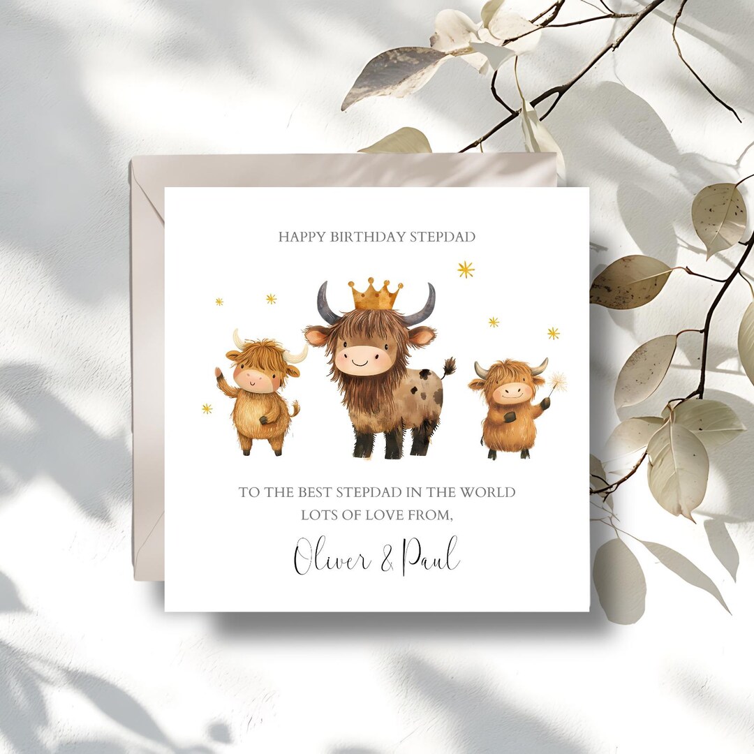 Personalised Highland Cow Stepdad Birthday Card - Children Birthday ...
