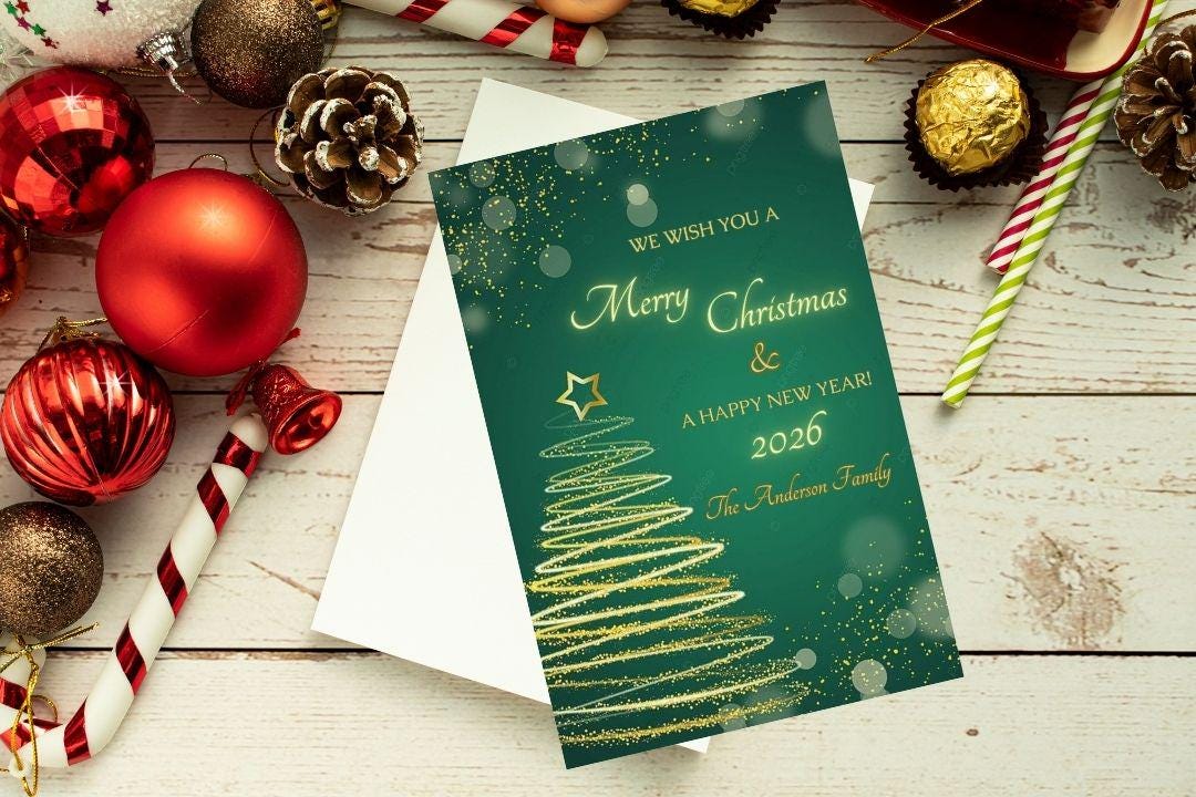 Green & Yellow Christmas Tree Card • Printable Holiday Card (digital ...