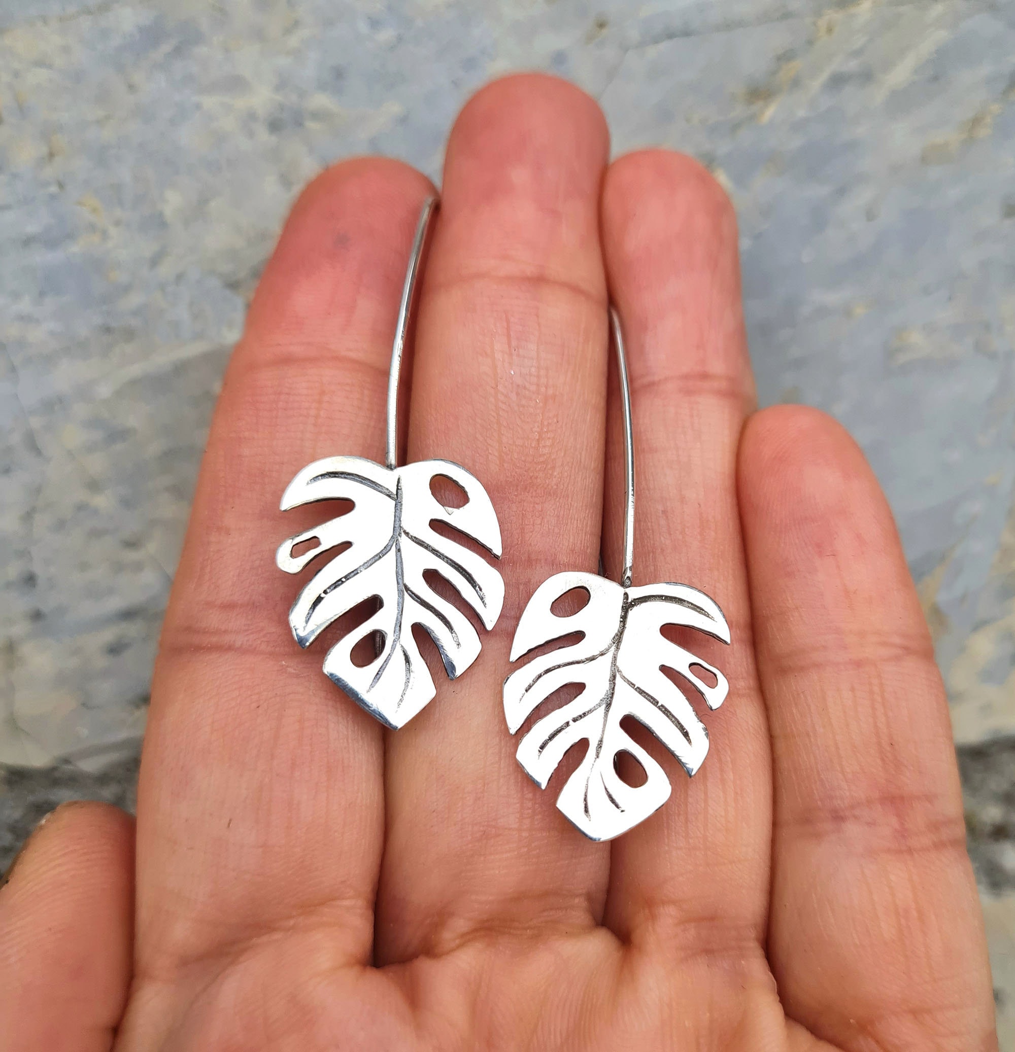 Monstera Leaf Silver Earrings,plant Lovers Leaf Jewelry Gift,monstera Long Silver Earrings - Etsy