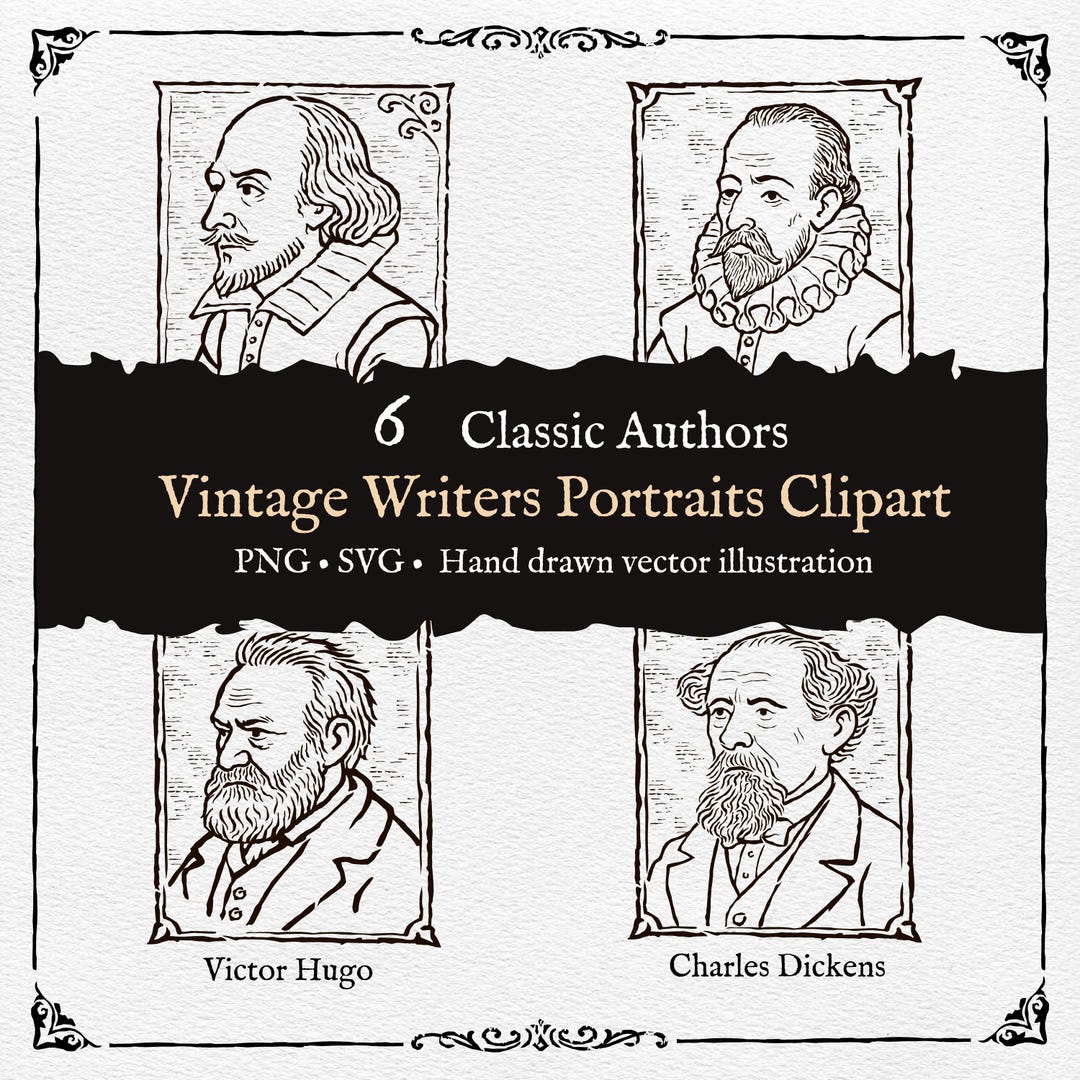 Vintage Writers Portraits Clipart | 6 Authors Engraving Illustrations ...