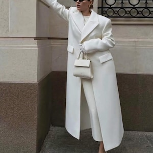 Women's White Terry Wool Long Coat - Women's Peak Lapel Overcoat - Etsy