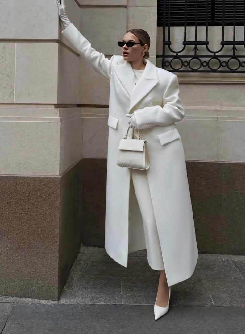 Women's White Terry Wool Long Coat - Women's Peak Lapel Overcoat - Etsy