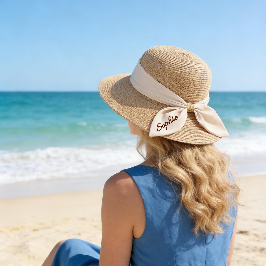 Personalized Straw Sun Hat, Embroidered Ribbon, Custom Wide Brim, Beach ...