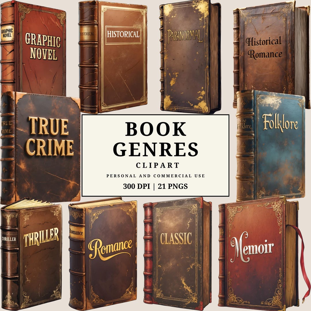 Book Genres Clipart PNG Set, Vintage Book Covers by Genre, Antique ...