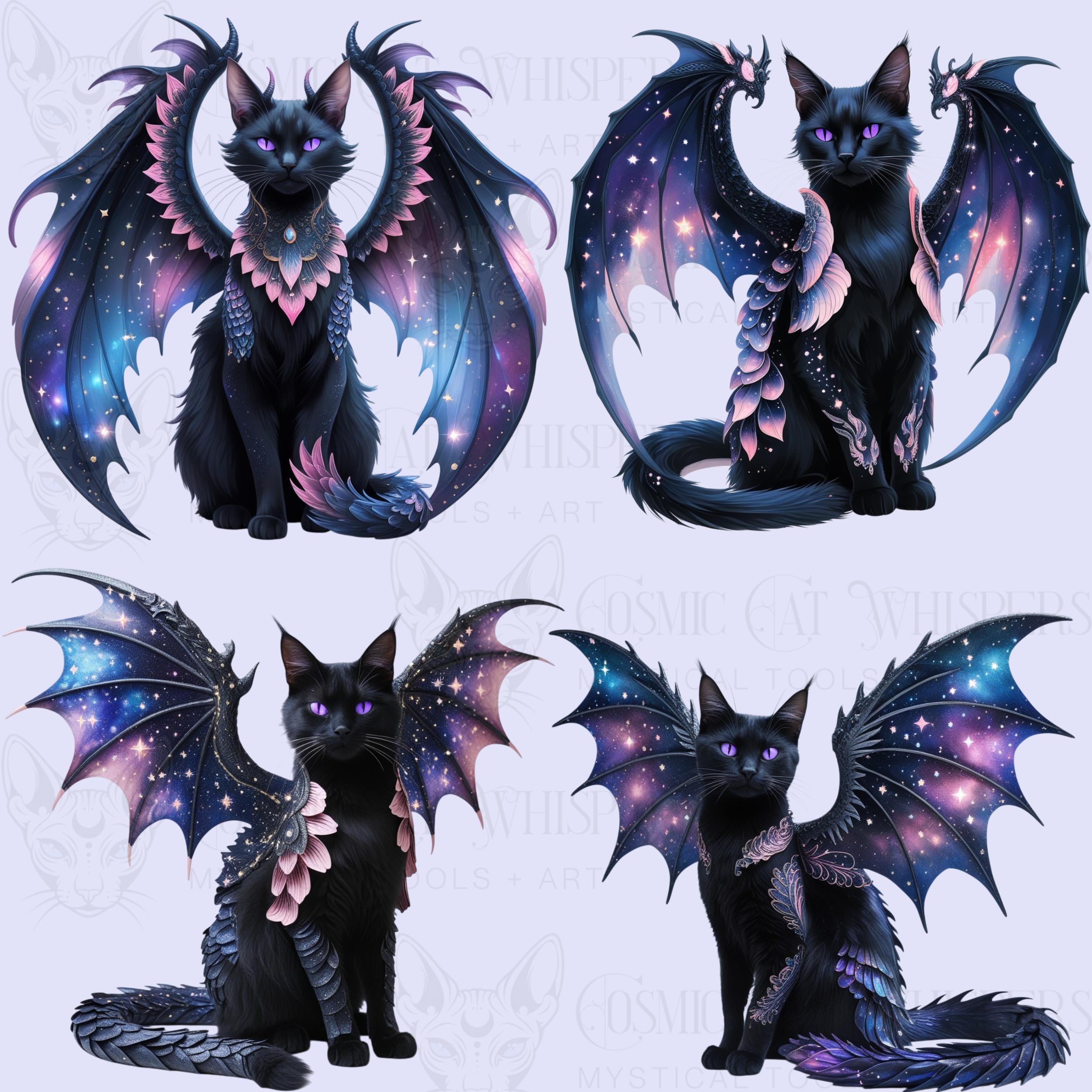 Fantasy Cat Dragon Clipart Set – 5 Mystic Black Cats With Dragon Wings ...