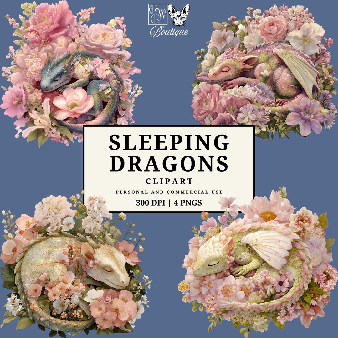 Sleeping Dragons Clipart | Floral Baby Dragons PNG | Cozy Fantasy ...