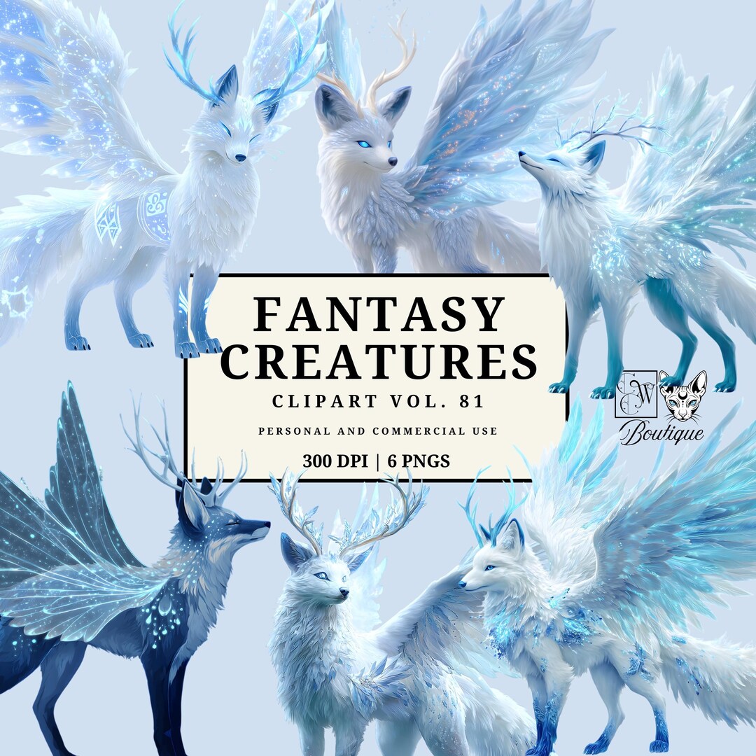 Fantasy Creatures Winged Fox Clipart PNG, Celestial Antler Foxes, Ice ...