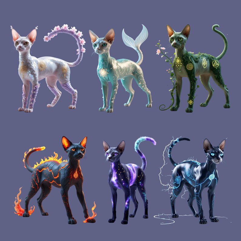 Elemental Sphynx Cat Clipart PNG Bundle, Fantasy Cat Clip Art, Fire ...